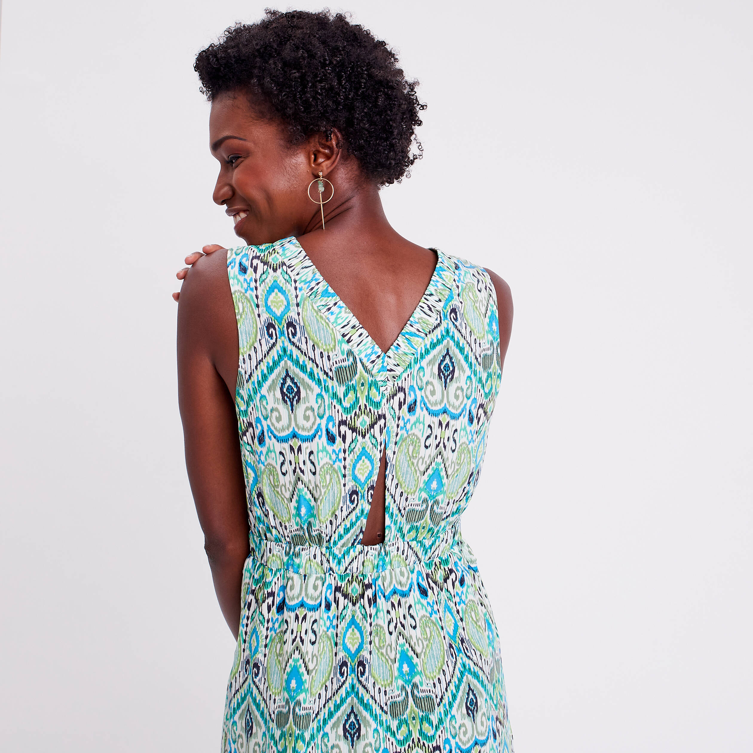 Robe longue évasée col en V blanc femme | Vibs