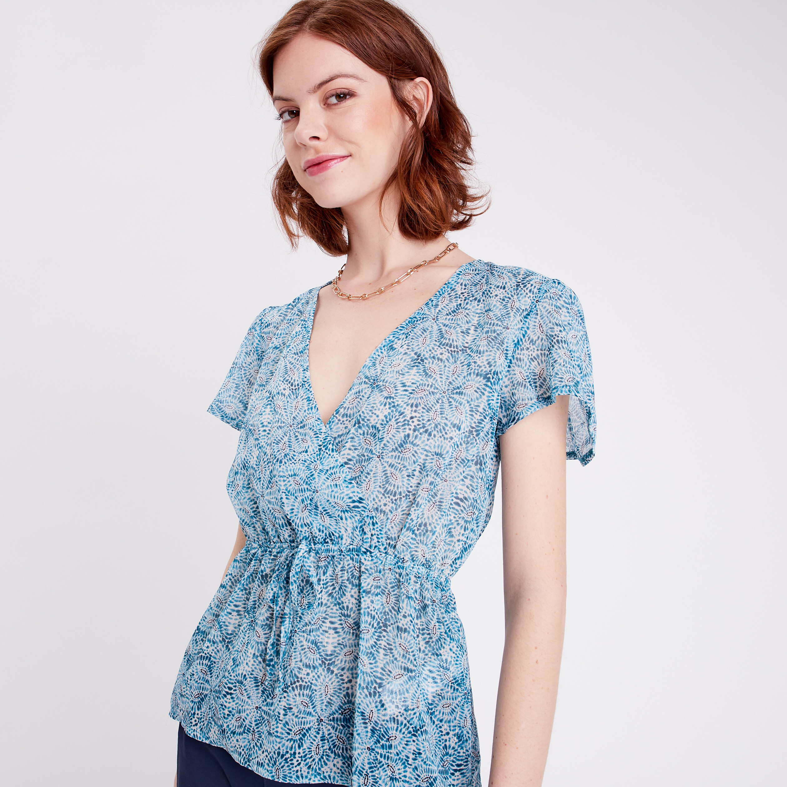 Blouse cintrée col cache-coeur bleu femme | Vibs