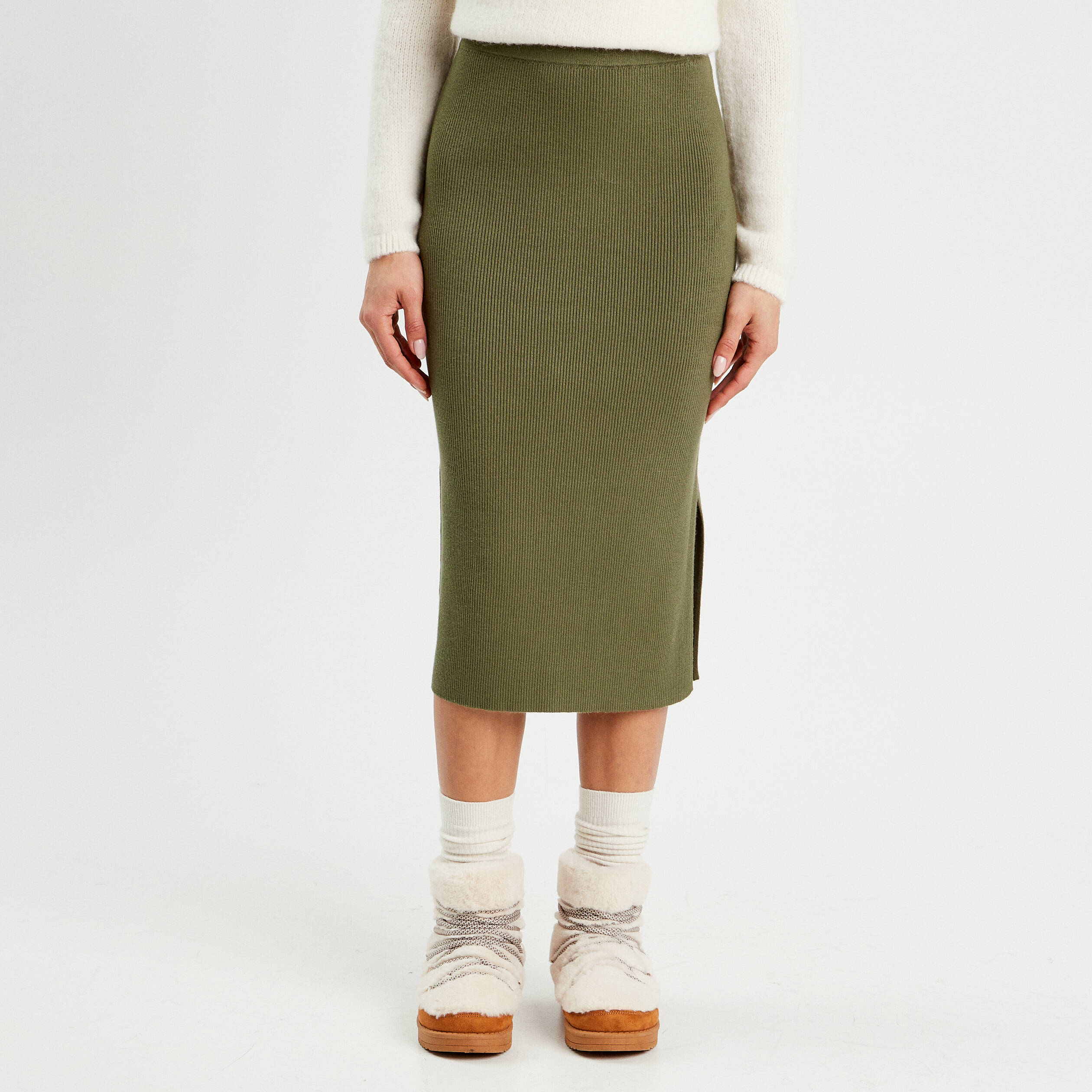 Jupe tricot midi droite vert kaki femme | Vibs